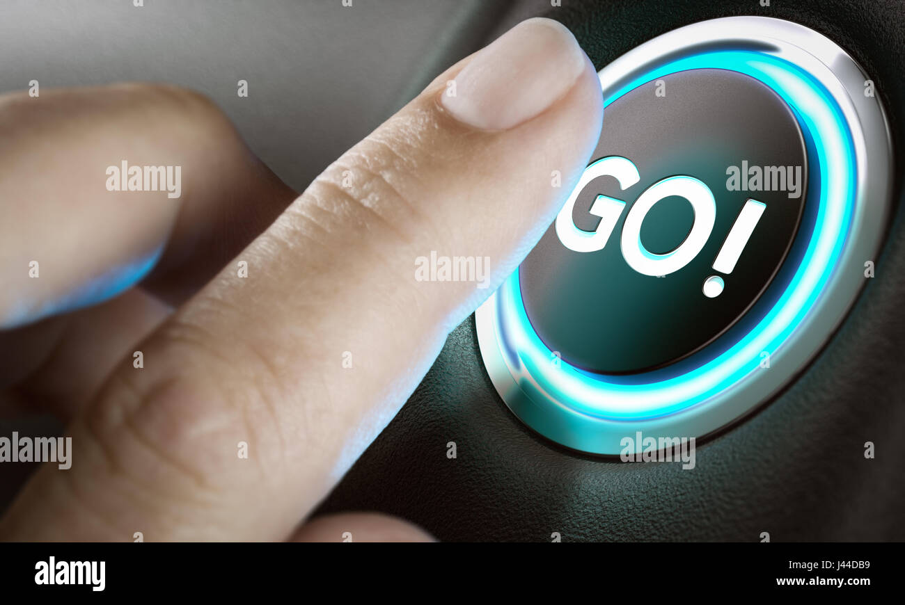 Man finger about to press an action button with the text go, black ...