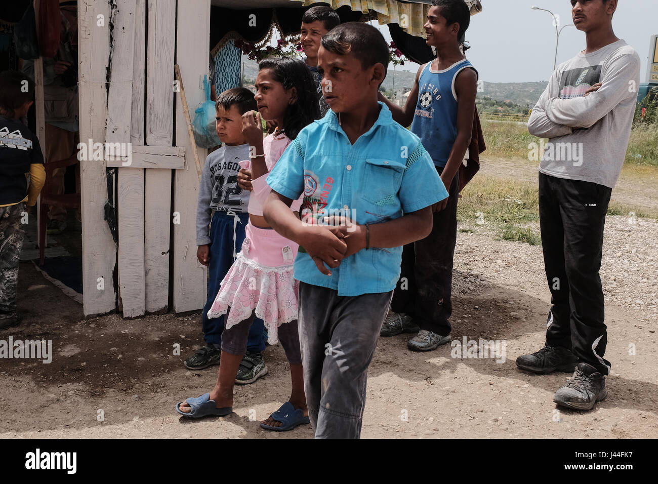 Scenes of a Roma Gypsy camp along Road SH99 outside Metoq in Sarande ...