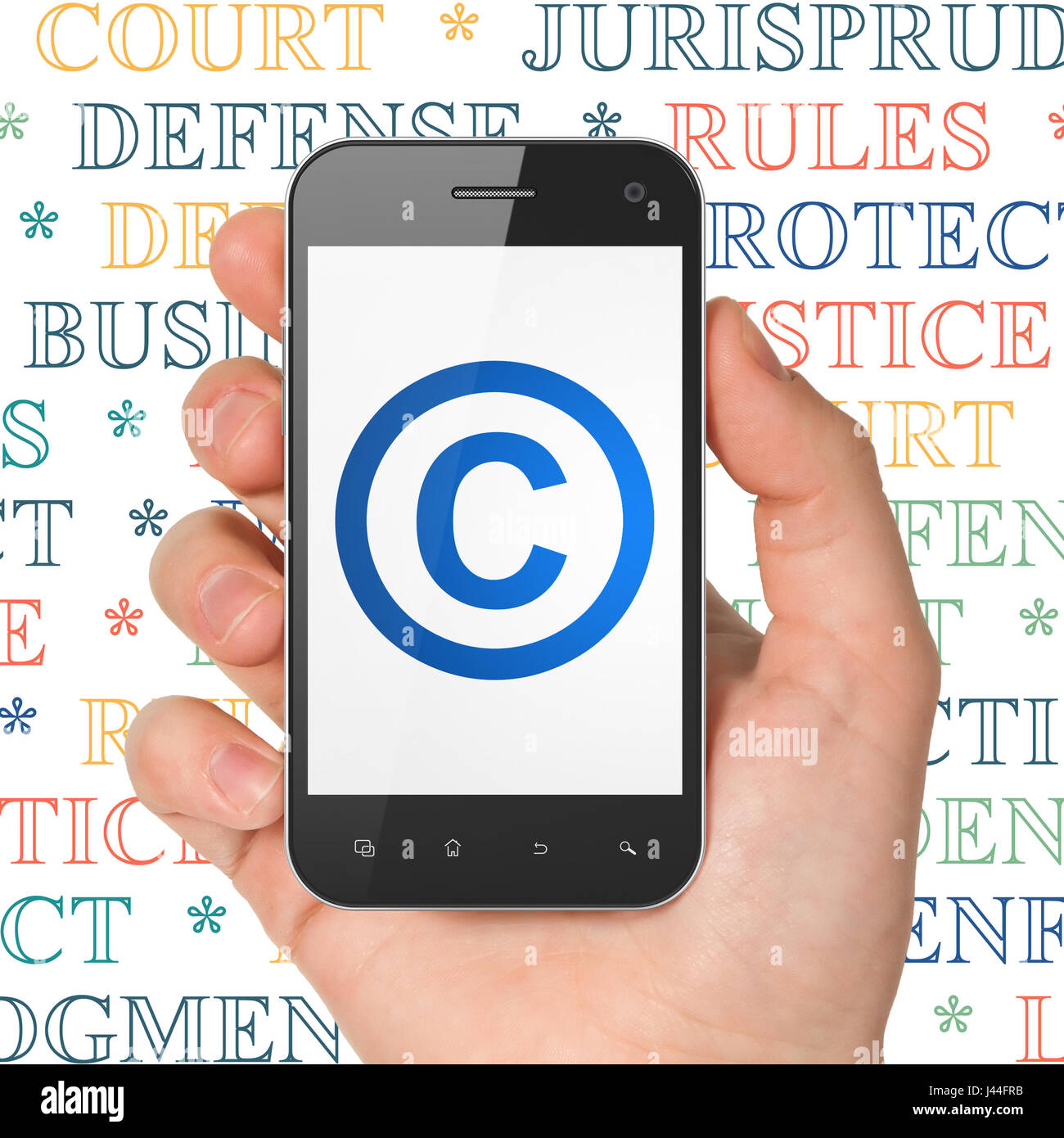 Law concept: Hand Holding Smartphone with Copyright on display Stock ...