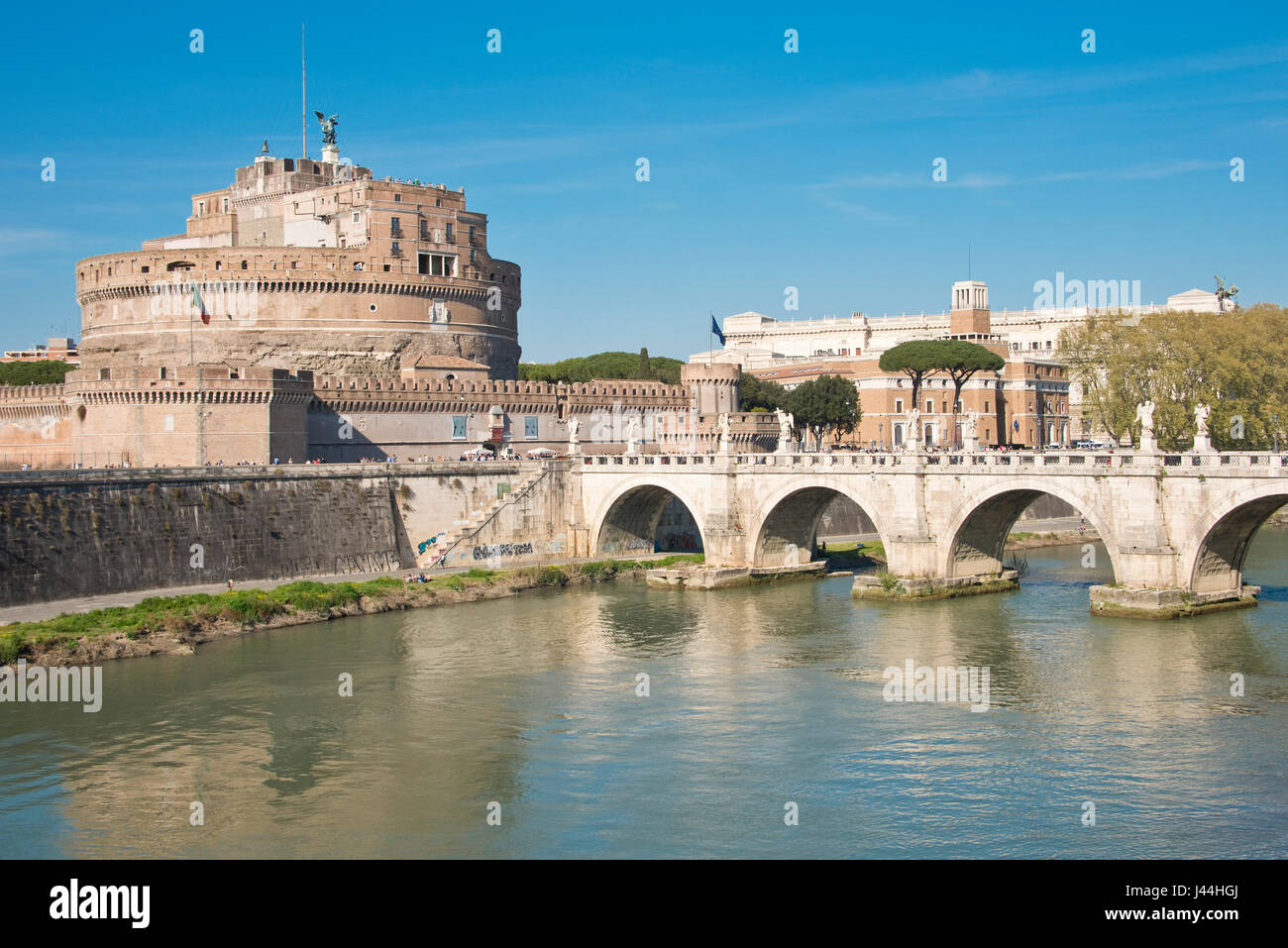 The Castel Sant'Angelo with the pedestrian St. Angelo Bridge or Ponte Sant'Angelo across the ...
