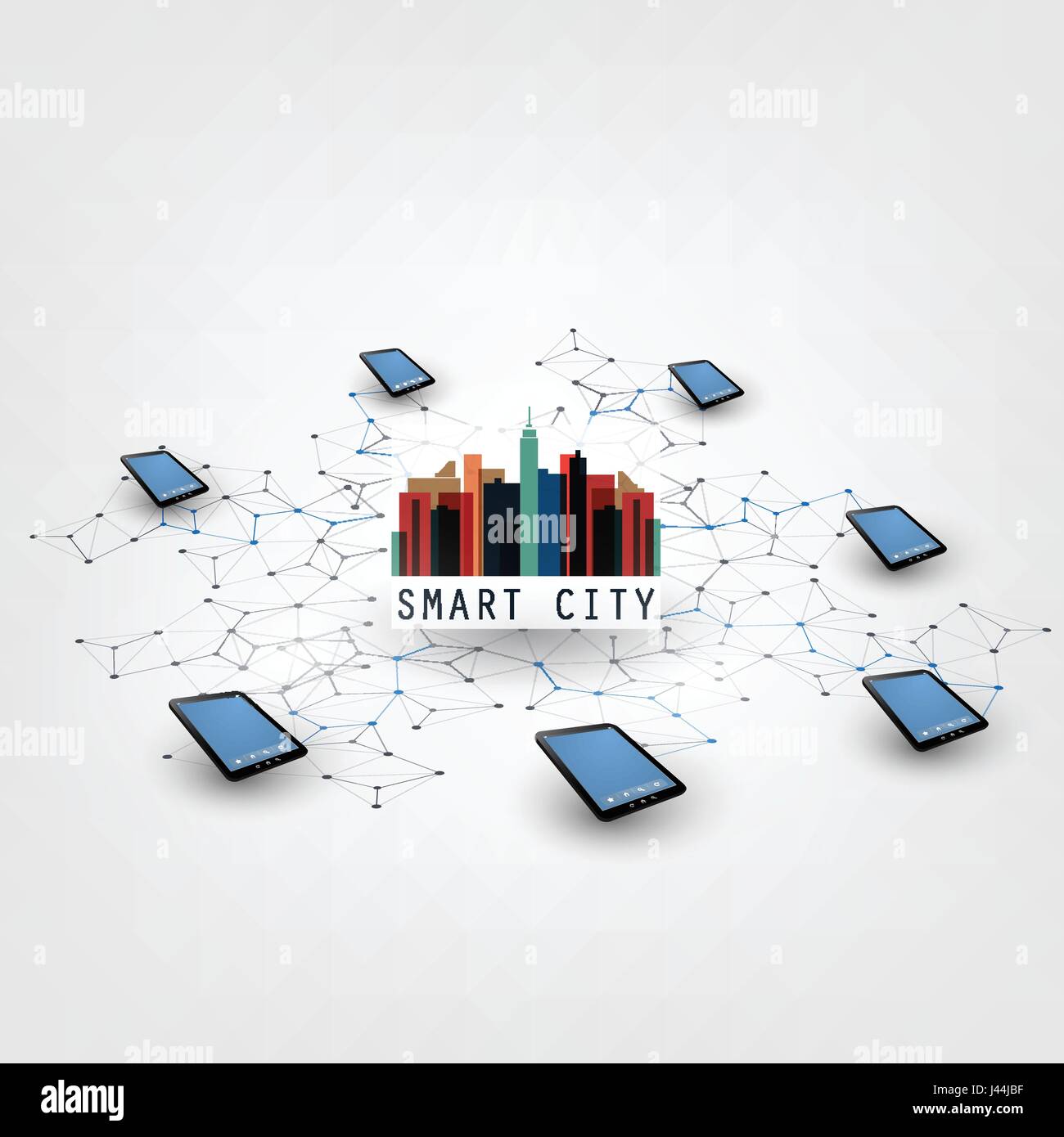 Colorful Smart City Design Concept with Icons - Digital Network ...
