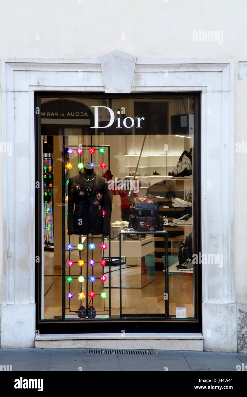 Dior fashion store at Piazza di Spagna in Rome, Italy. Shop window ...