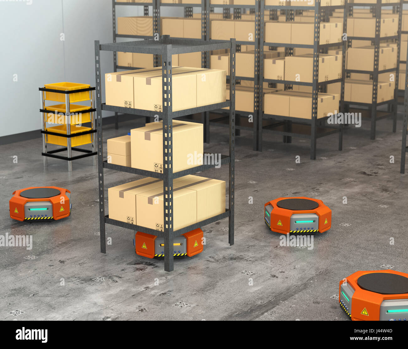 Orange robot carrying pallet with goods in modern warehouse. Modern ...
