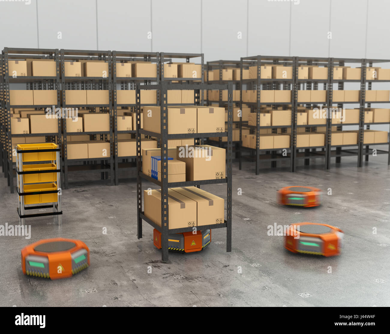 Orange robots carrying pallets with goods in modern warehouse. Modern ...
