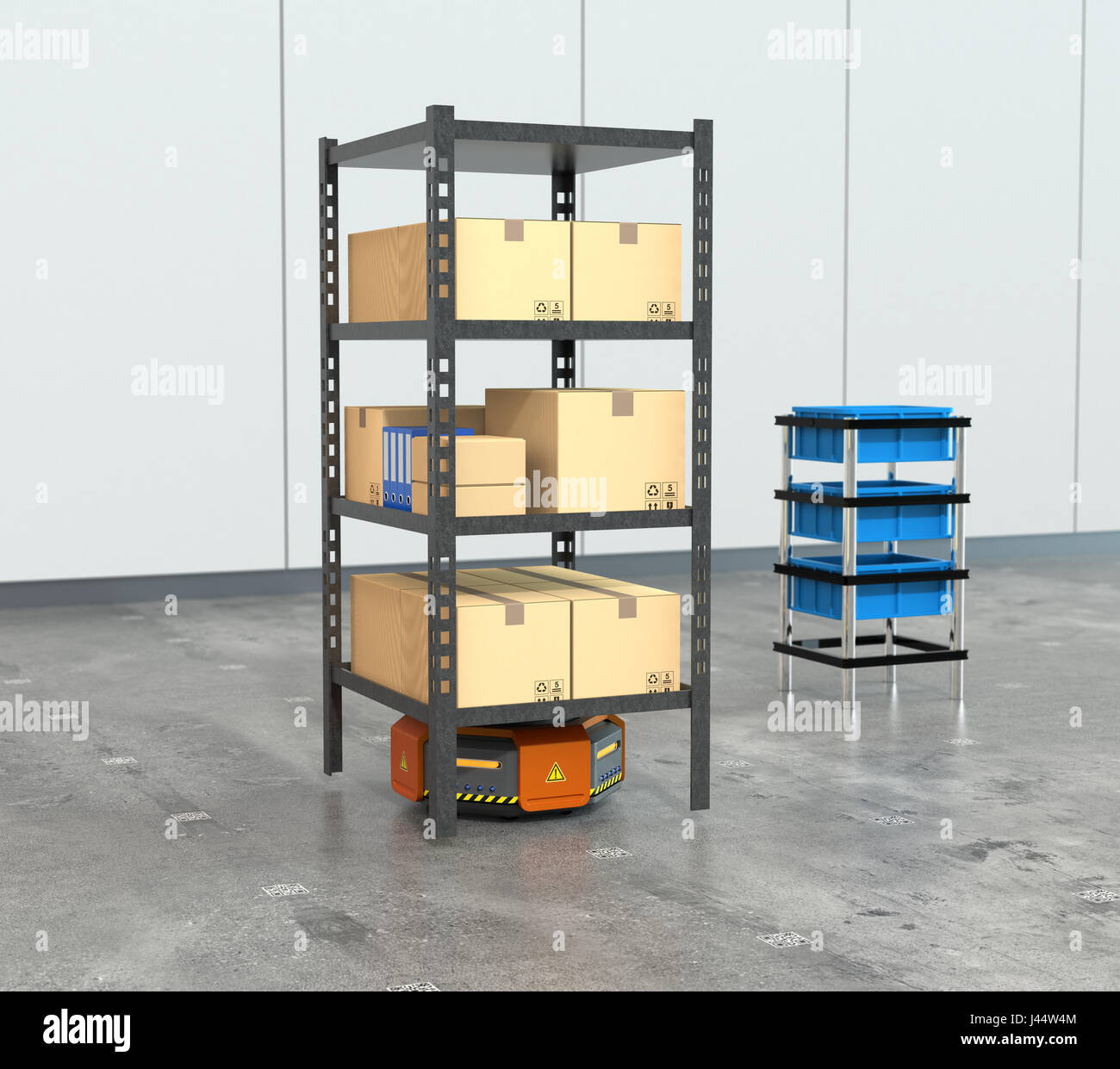 Orange robot carrying pallet with goods in modern warehouse. Modern ...