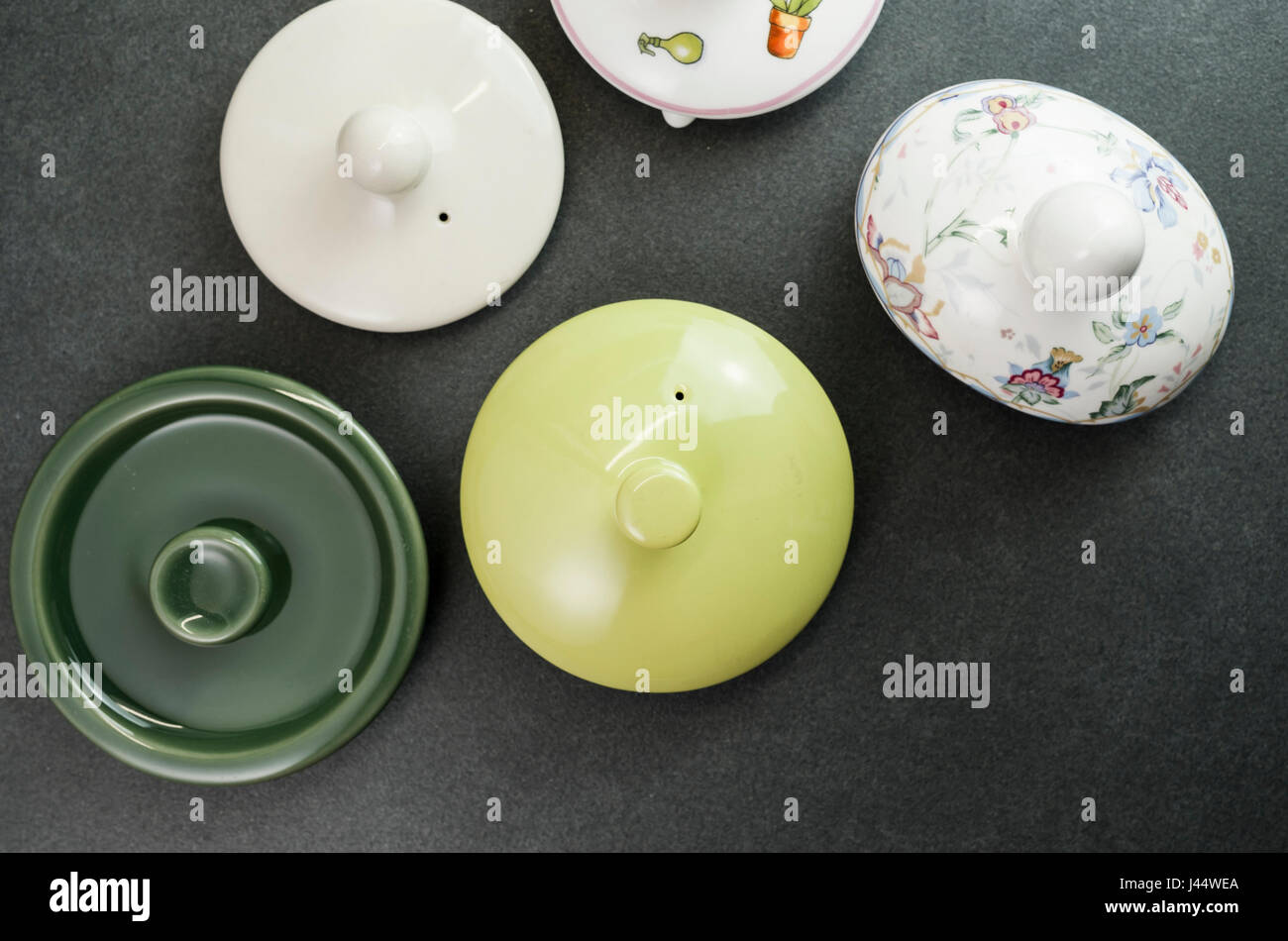 tea pot lids top view - copy space Stock Photo - Alamy