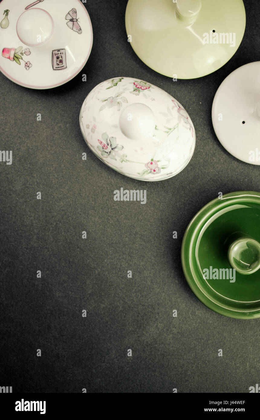tea pot lids top view - copy space Stock Photo - Alamy