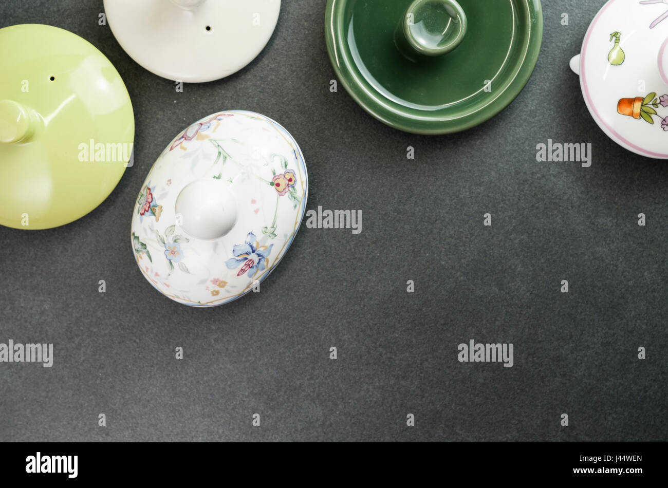 tea pot lids top view - copy space Stock Photo - Alamy