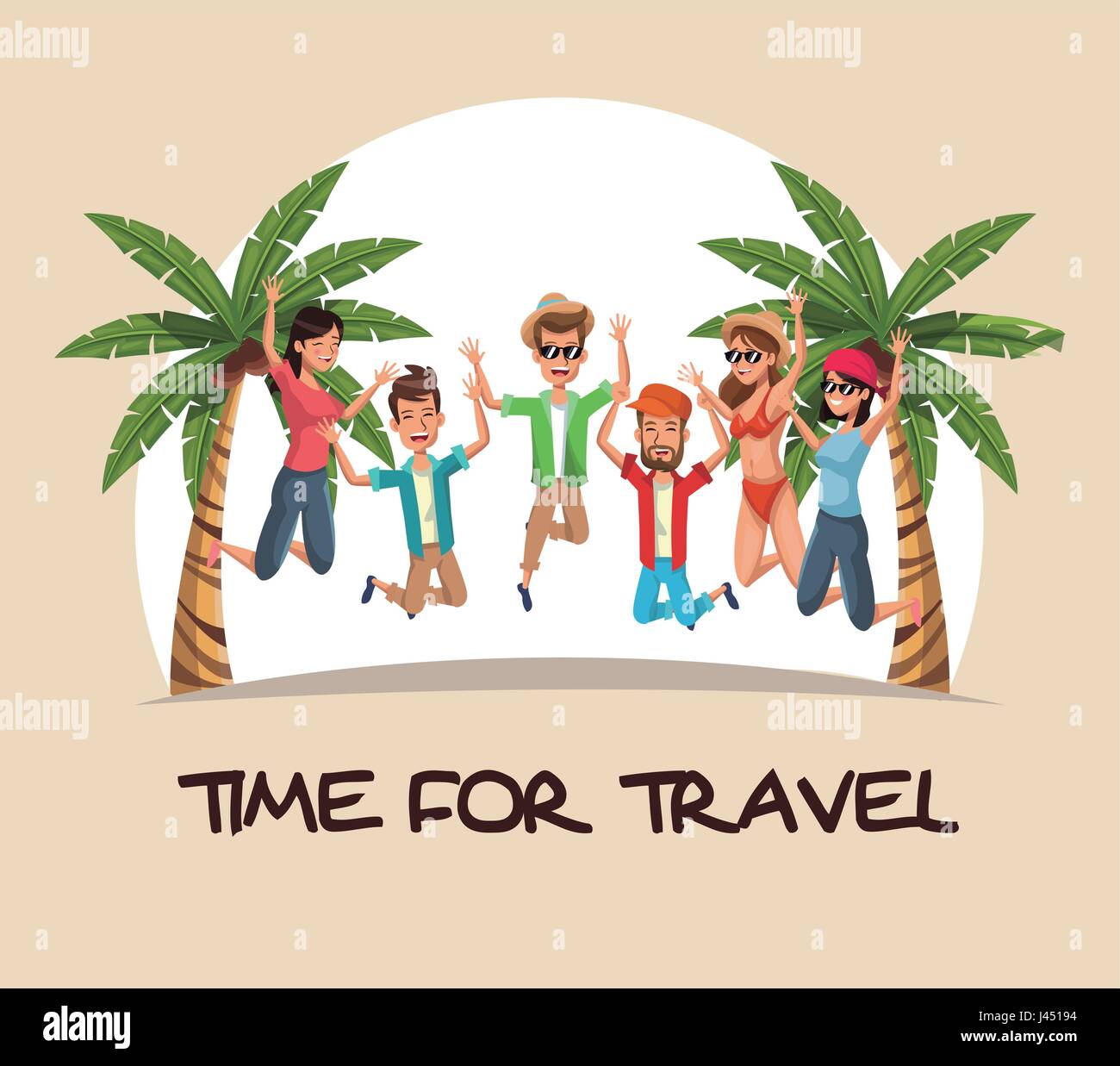 time for travel. group people jumping happy palm tree beach design ...