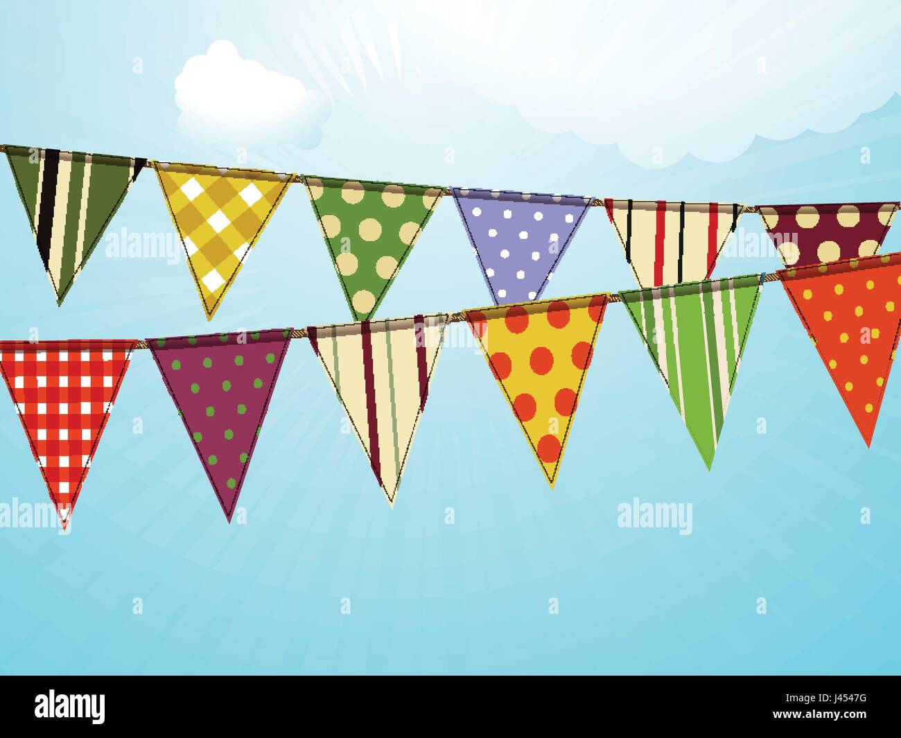 Colourful Vintage Bunting Over Blue Sunny Sky with Clouds Stock Vector ...