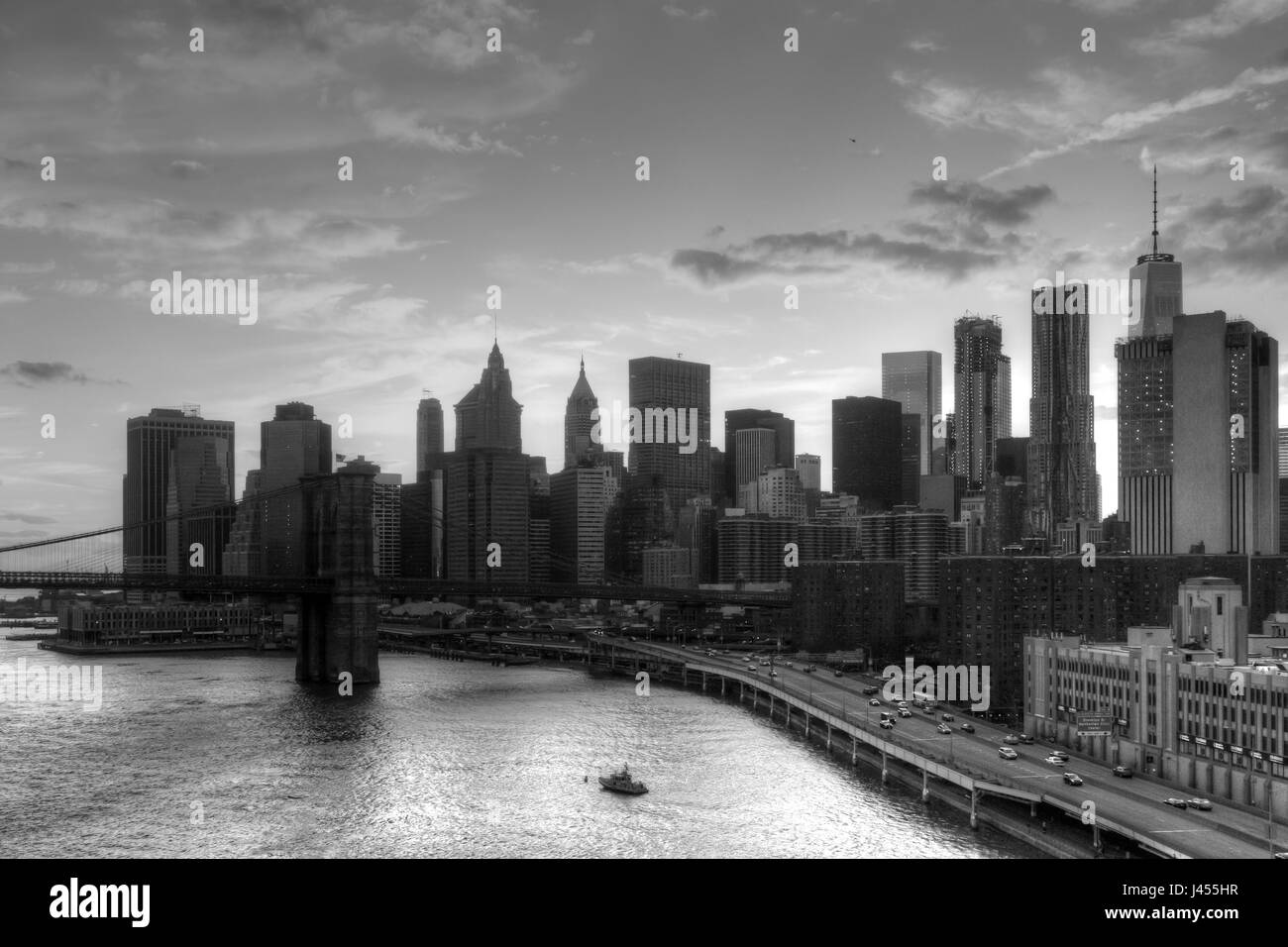 NYC black and white skyline view of downtown Manhattan skyscrapers in ...