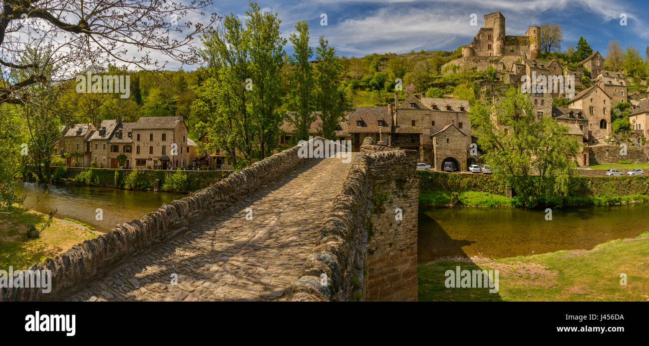 A sepia rendering of the medieval village of Belcastel with the arched ...