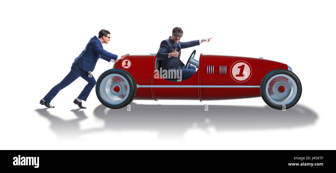 Businessman car pushing in teamwork concept Stock Photo - Alamy