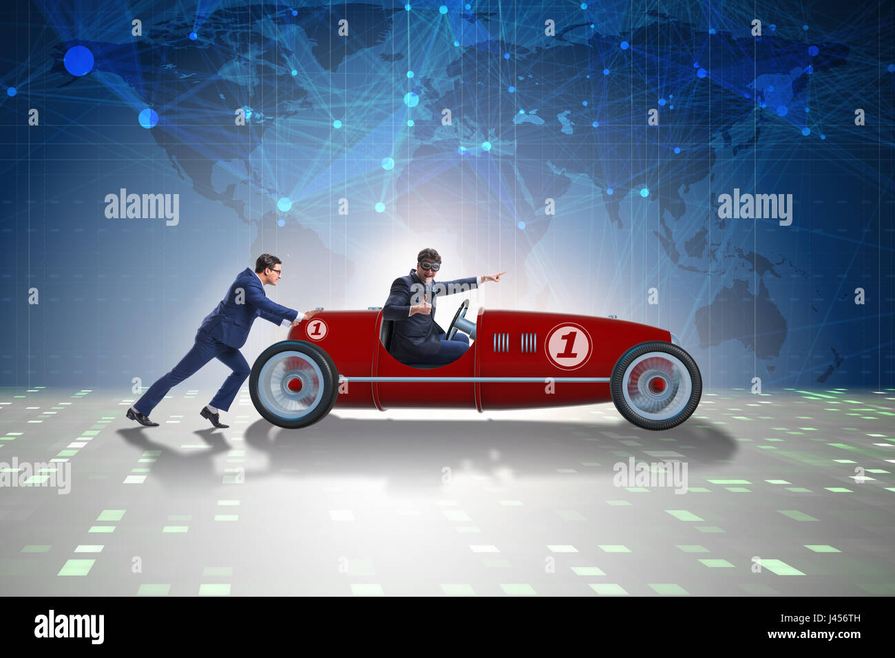 Businessman car pushing in teamwork concept Stock Photo - Alamy