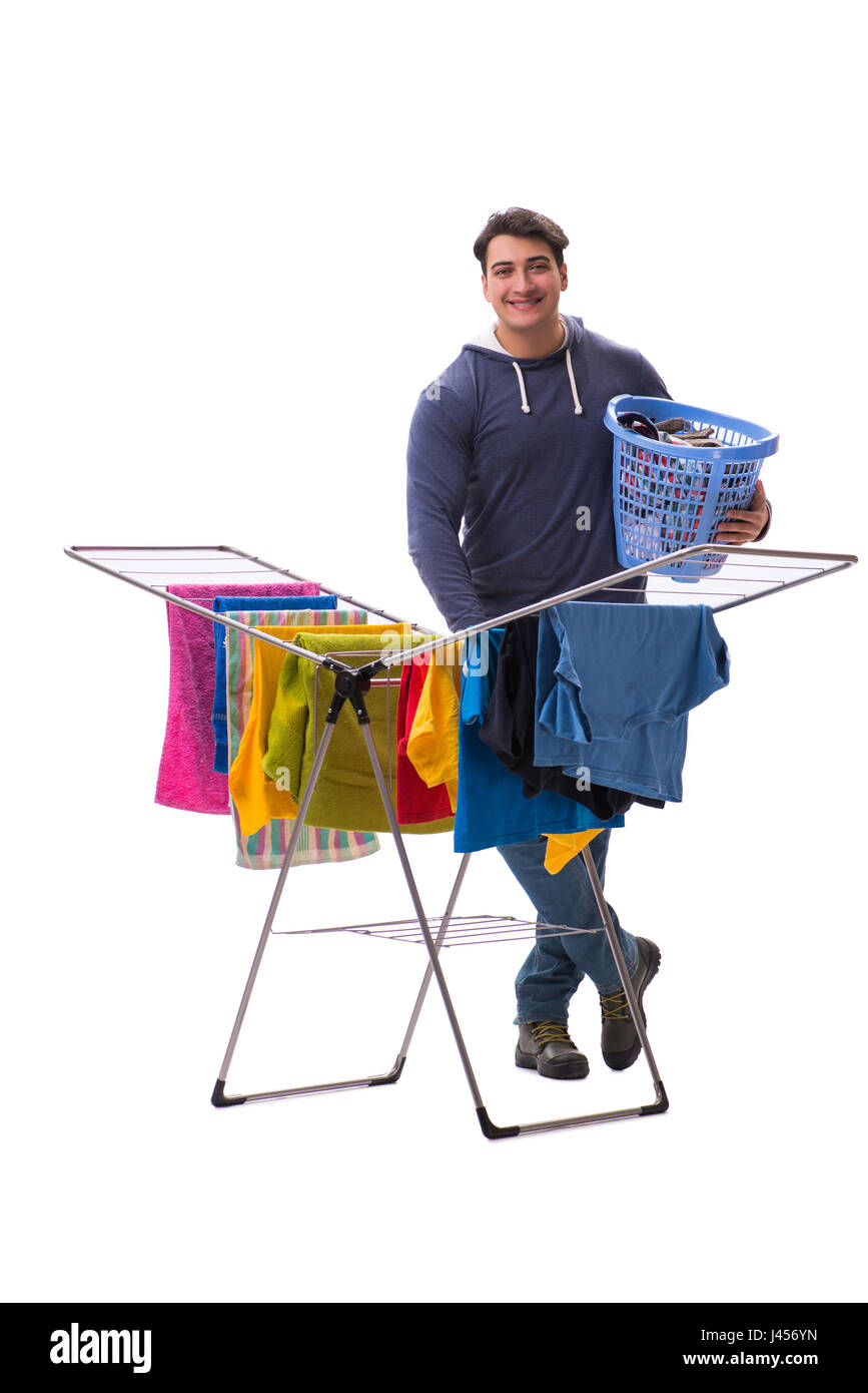 Husband man doing laundry isolated on white Stock Photo - Alamy