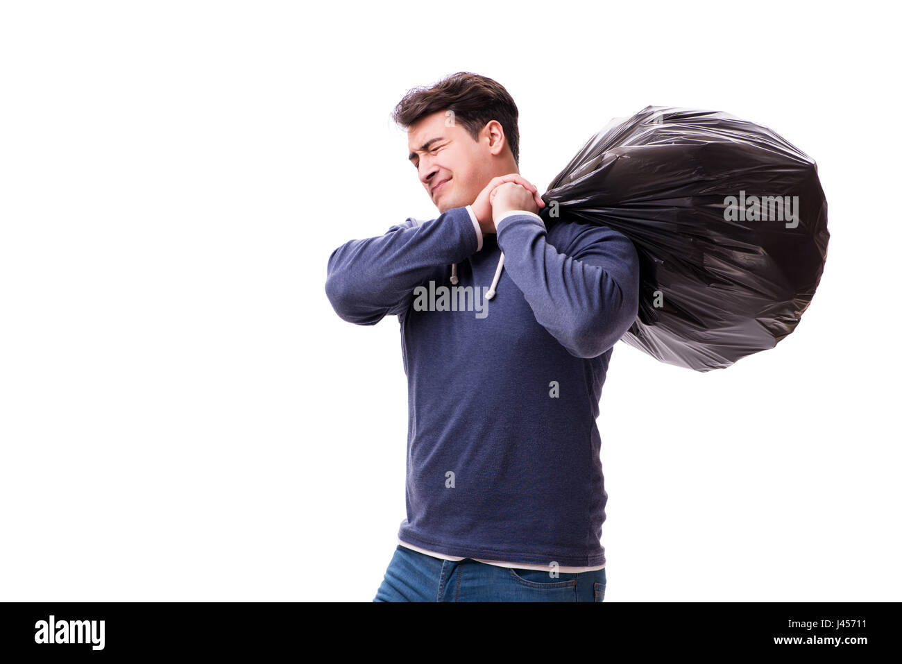 Man with garbage sack isolated on white Stock Photo - Alamy