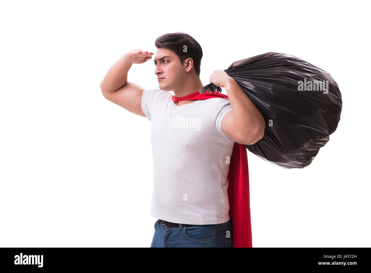 Superhero man with garbage sack isolated on white Stock Photo - Alamy