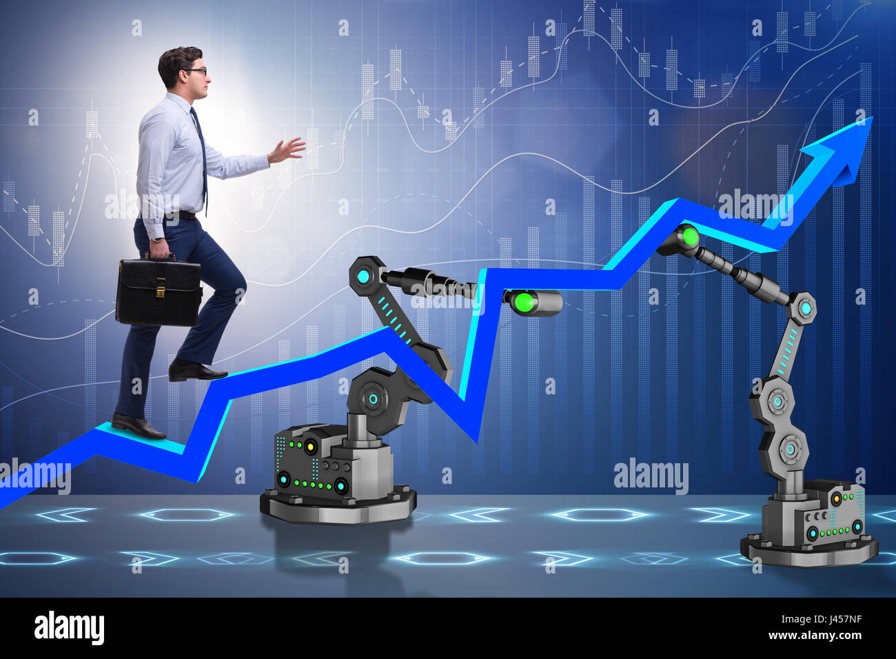 Businessman walking up the chart supported by robotic arm Stock Photo ...