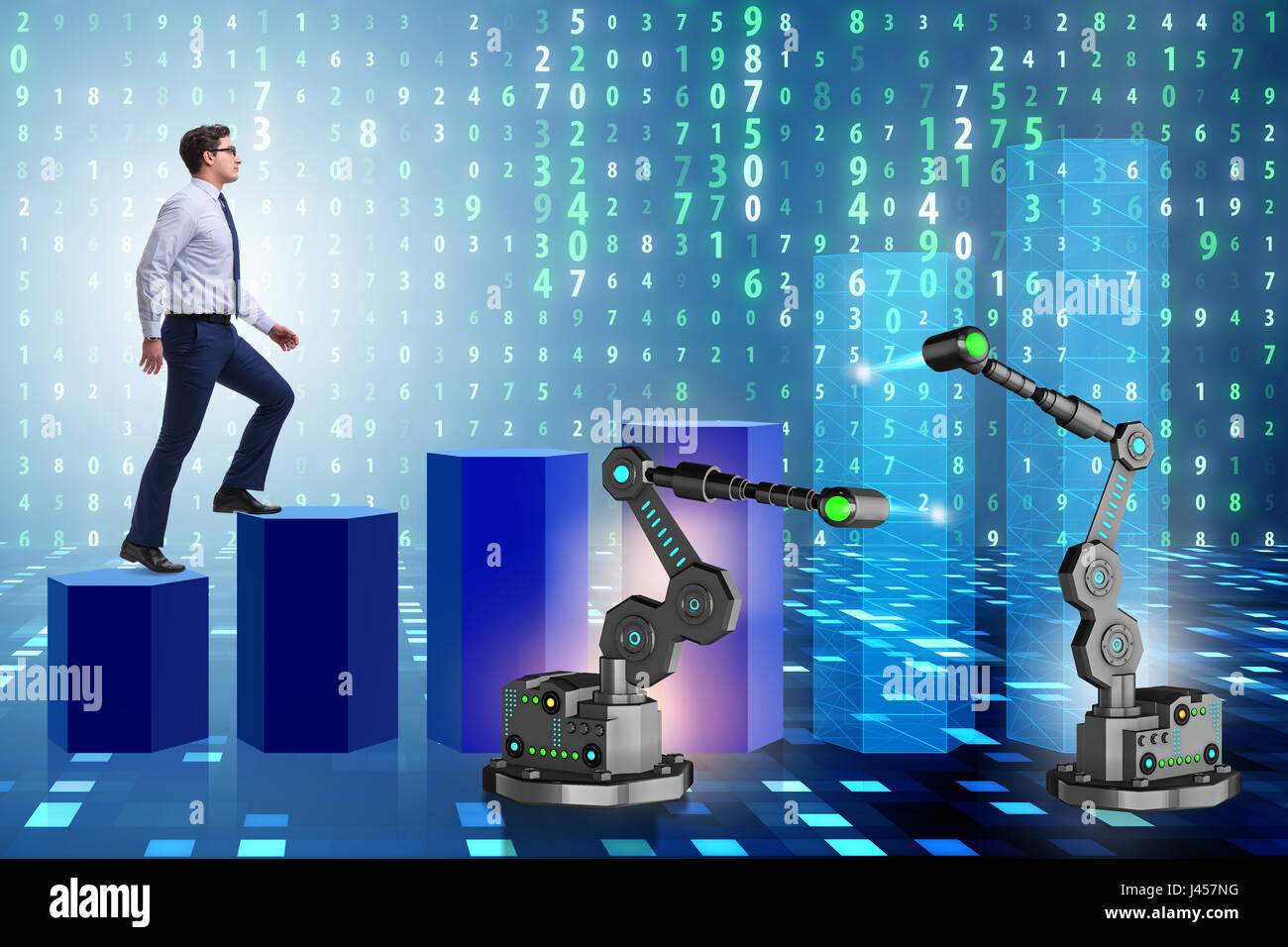 Businessman walking up the chart supported by robotic arm Stock Photo ...