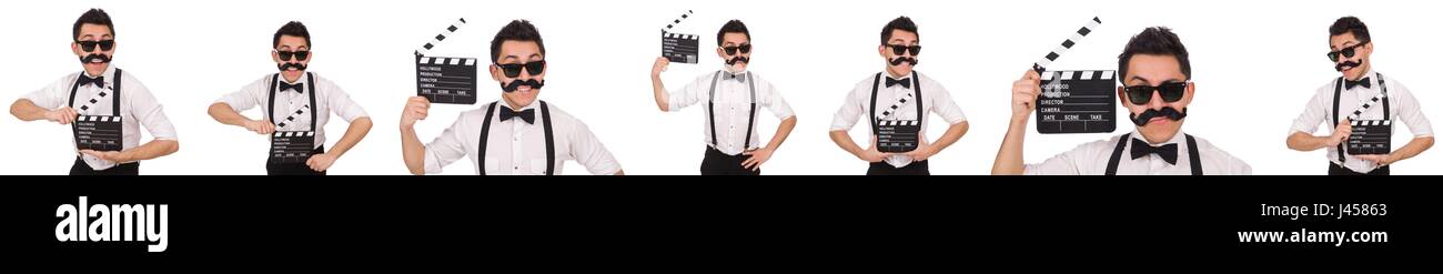 Whiskered man with clapperboard holding isolated on white Stock Photo ...