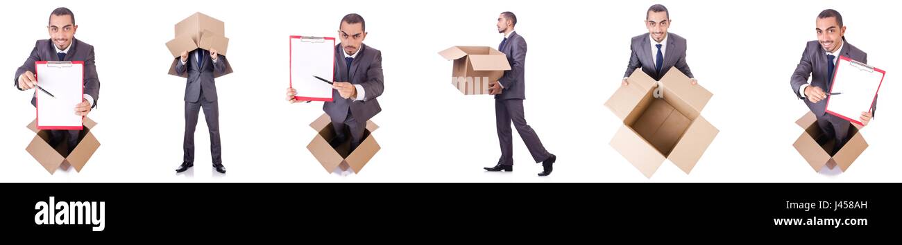 Businessman standing in the box isolated on white Stock Photo - Alamy