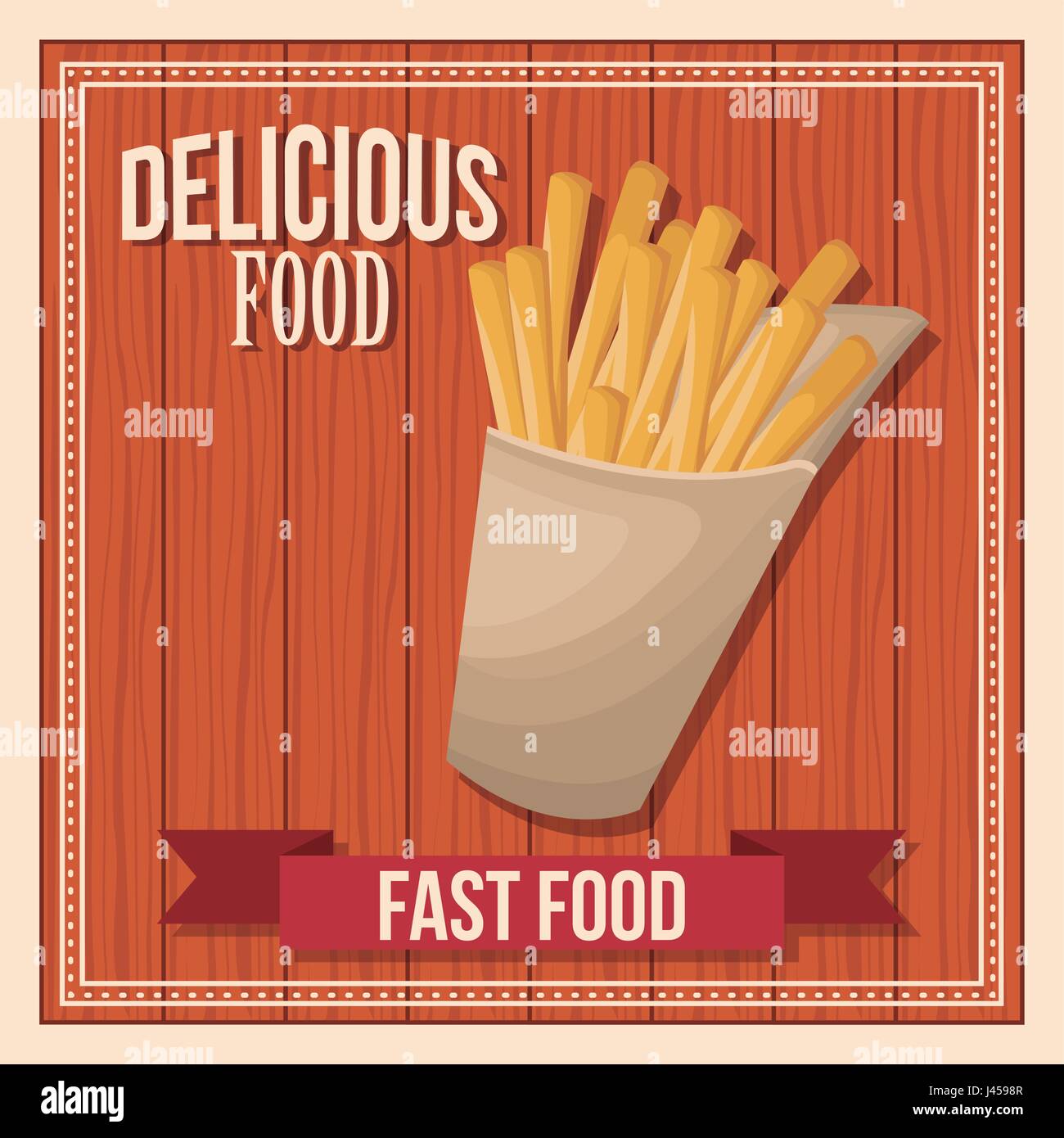 delicious food. french fries fast food. poster wooden background Stock ...