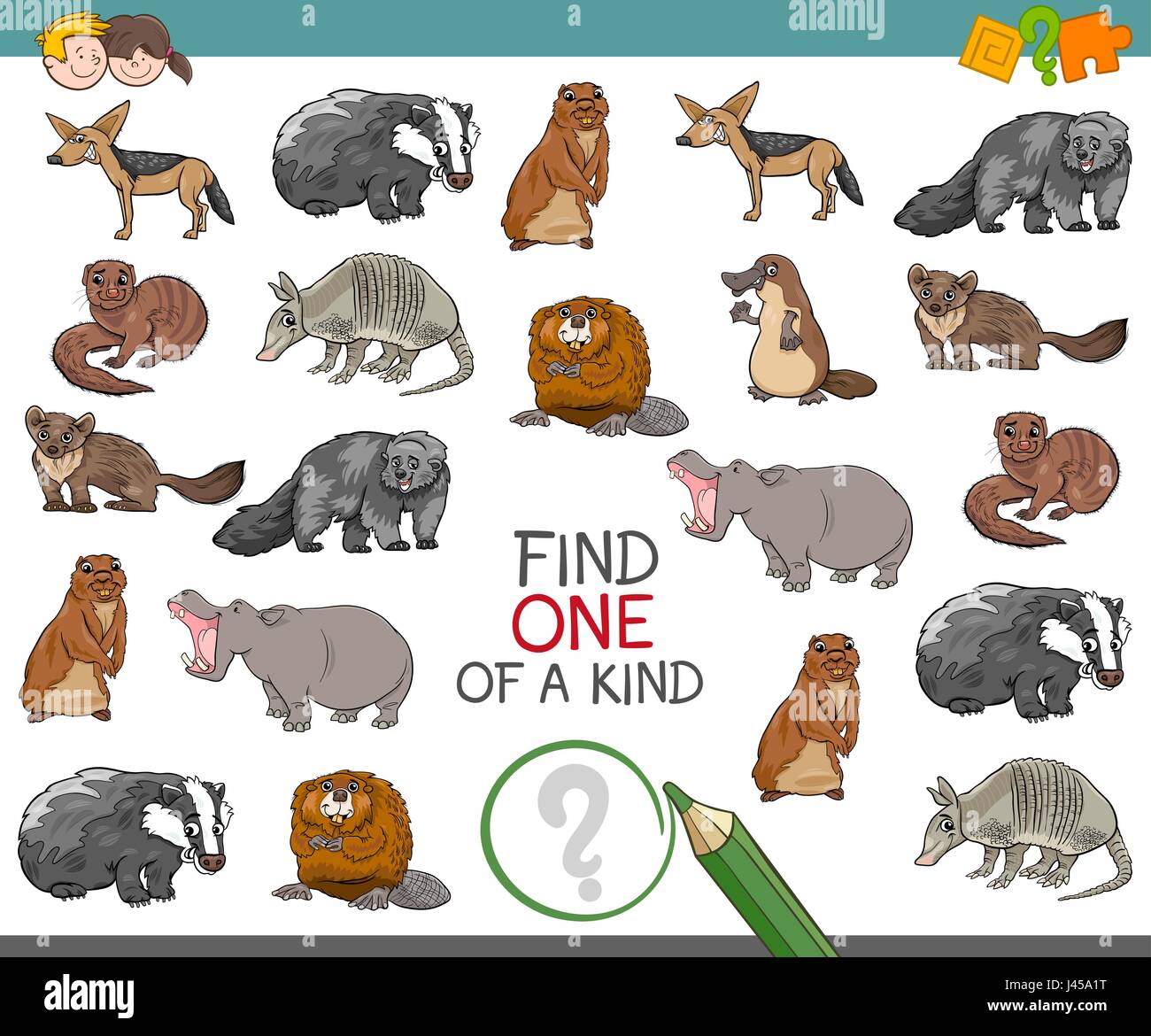 Cartoon Illustration of Find One of a Kind Educational Activity for ...