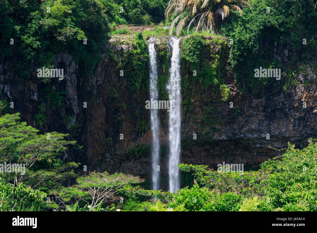 Mauritius. The 90 meter high twin waterfalls of the Cascade Chamarel ...