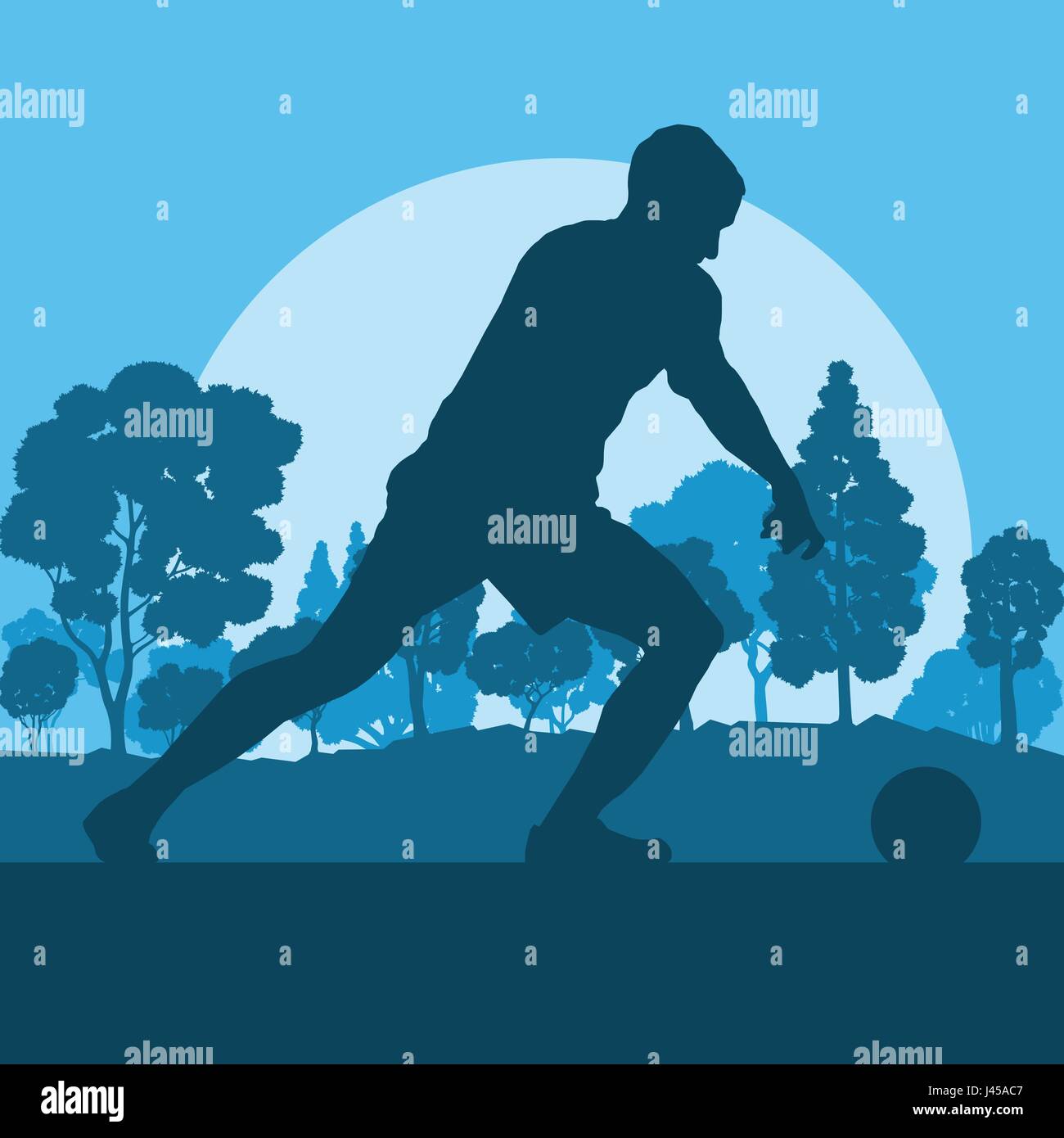 Soccer player man in field vector background landscape with trees Stock ...