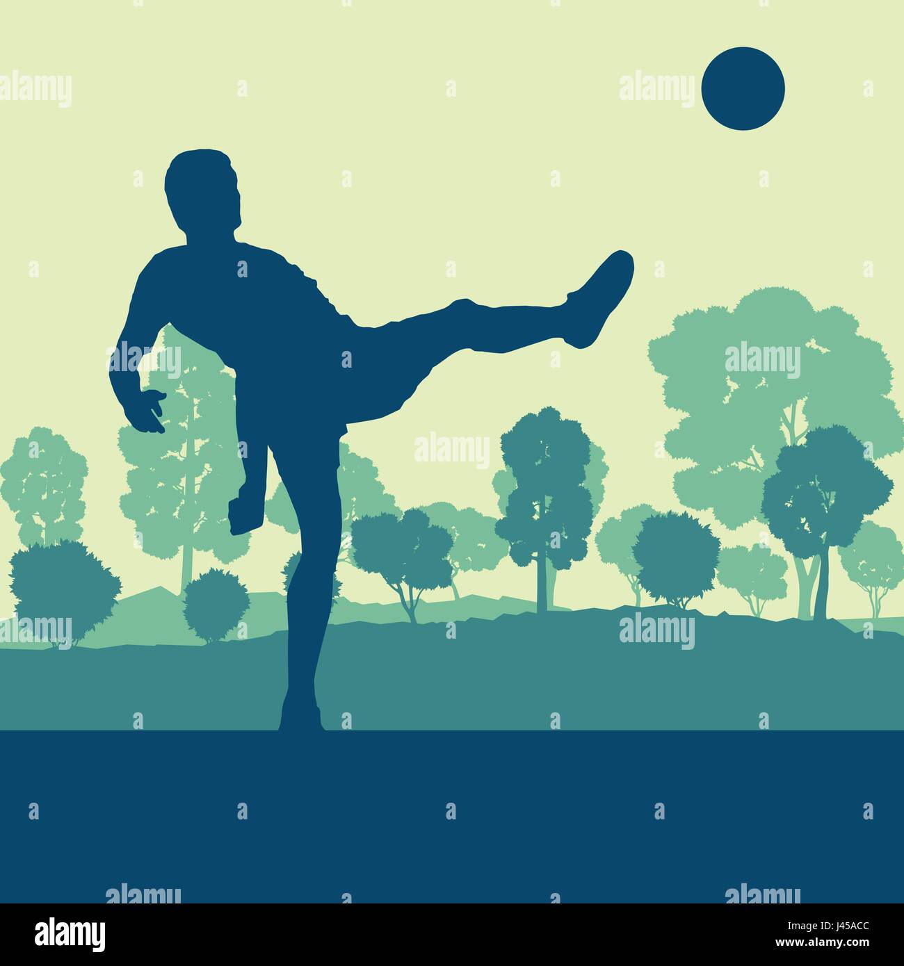 Soccer player man in field vector background landscape with trees Stock ...