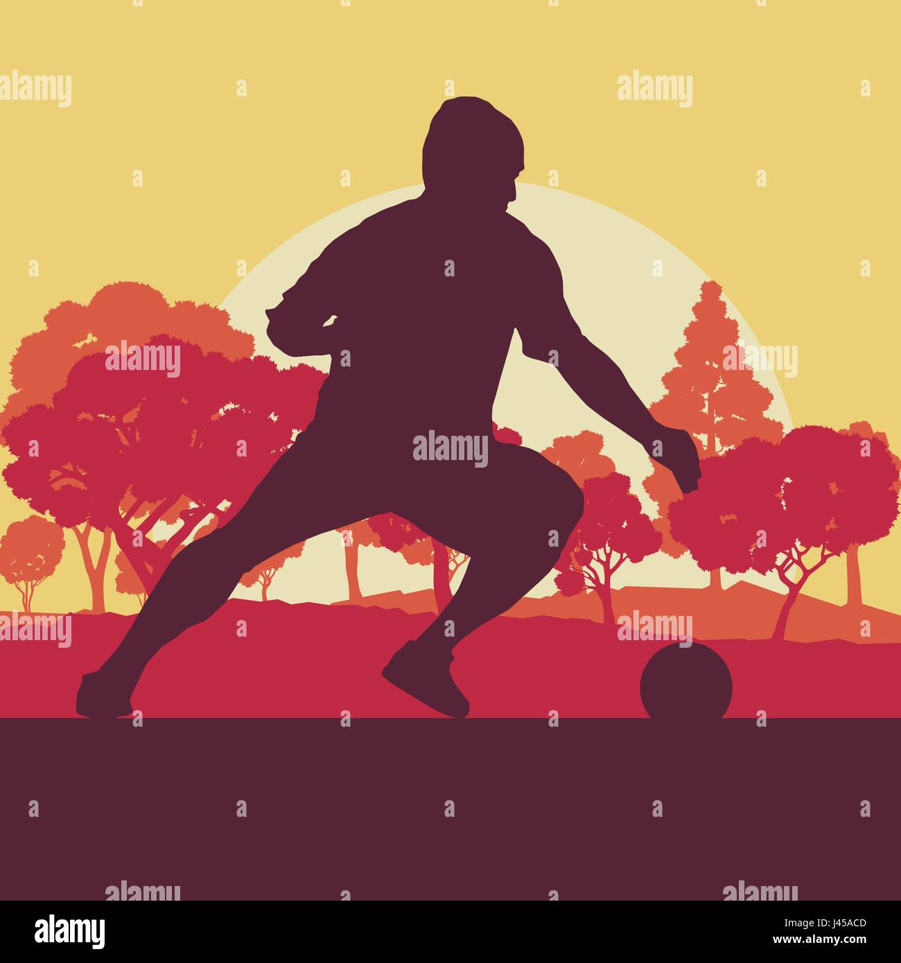 Soccer player man in field vector background landscape with trees Stock ...