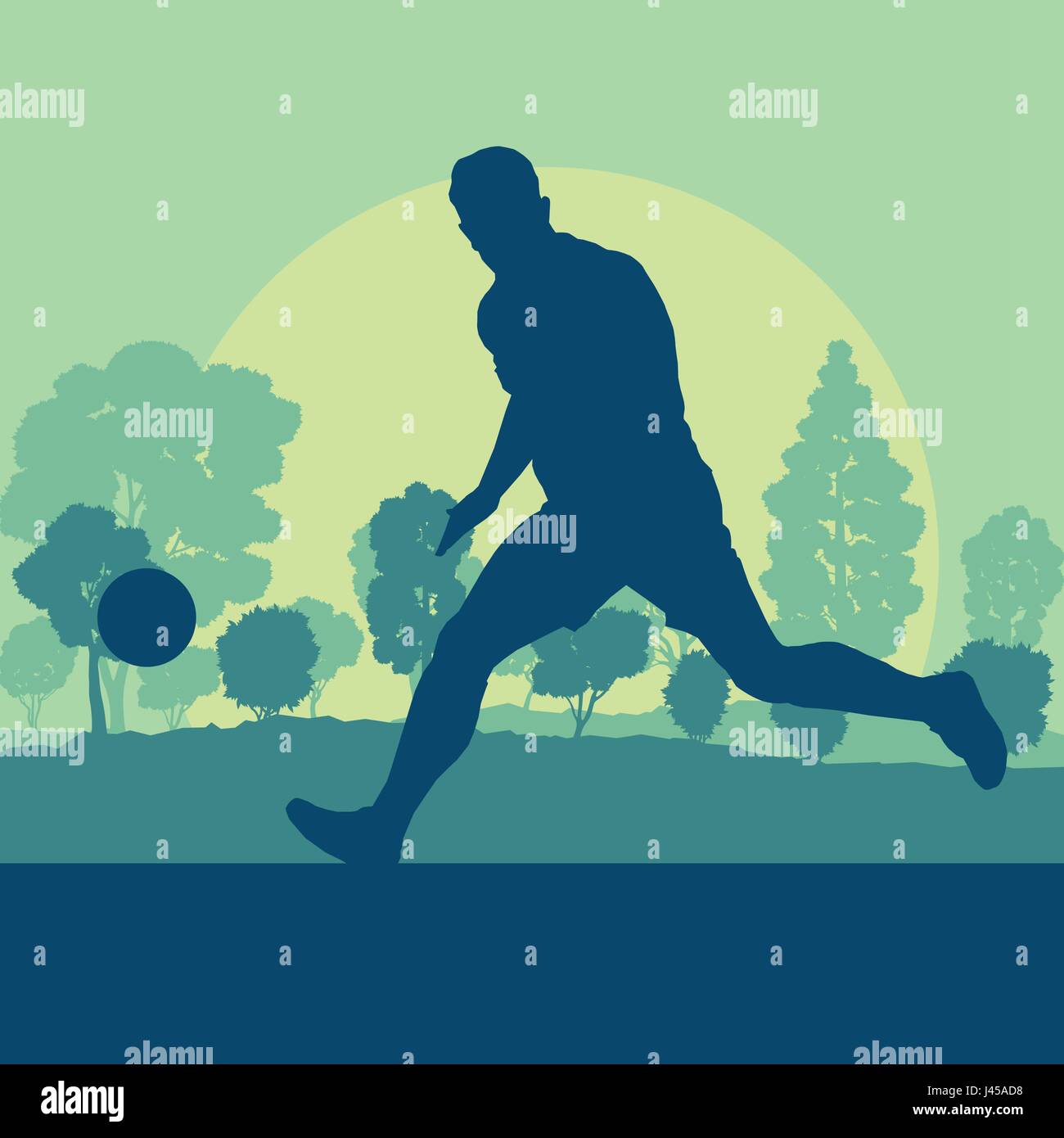 Soccer player man in field vector background landscape with trees Stock ...