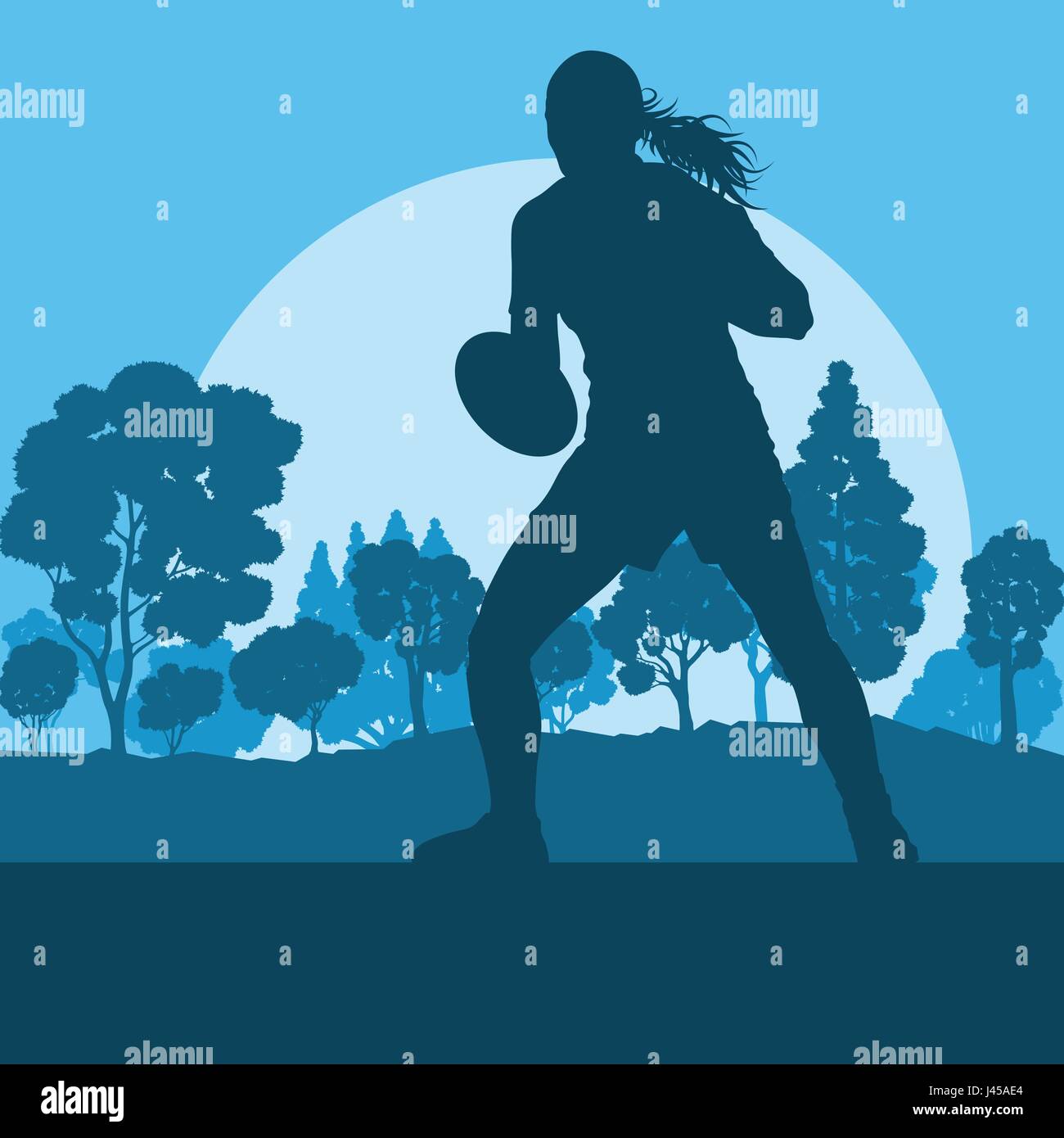 Rugby woman player vector background landscape with forest trees and ...