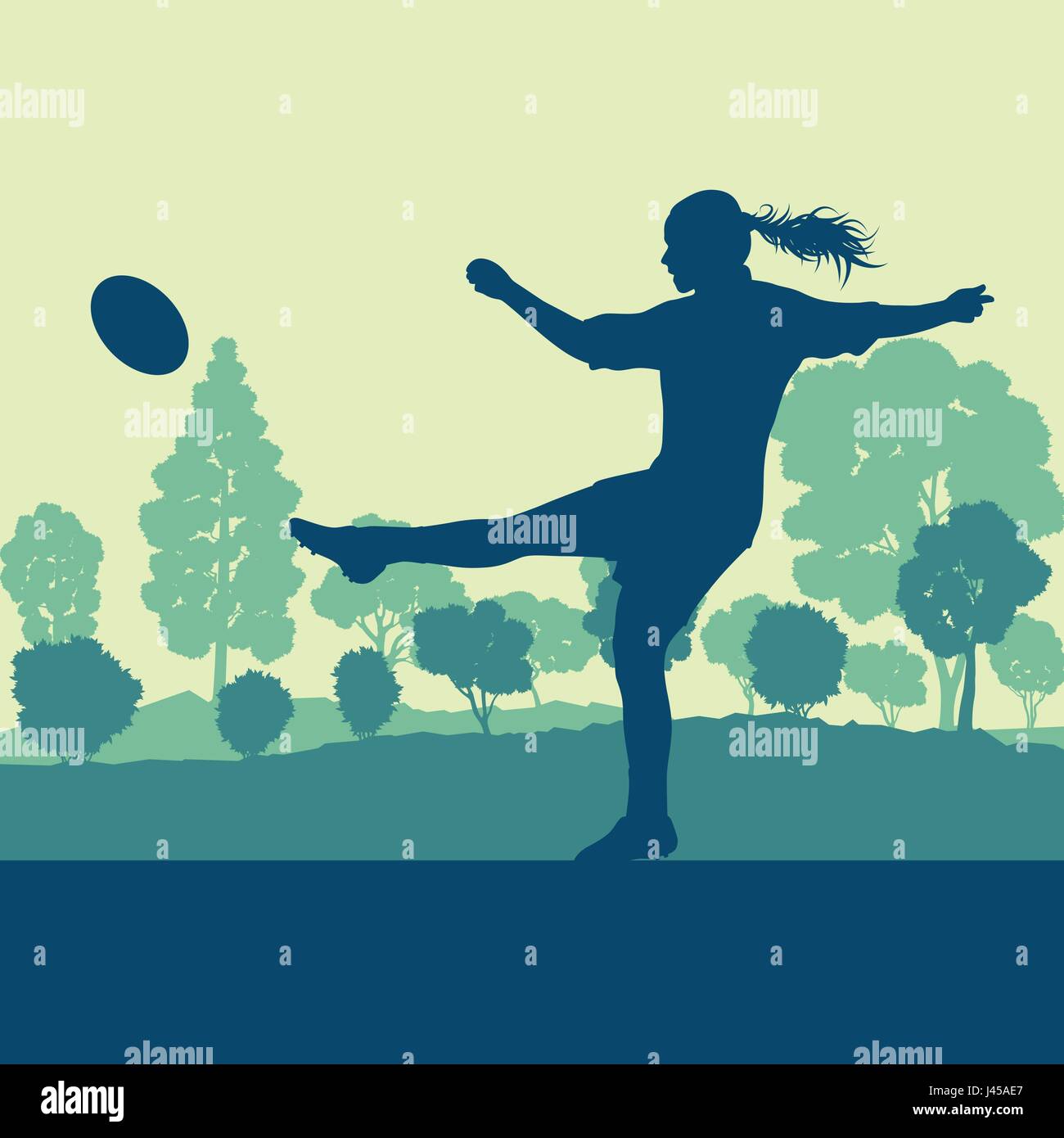 Rugby woman player vector background landscape with forest trees and ...