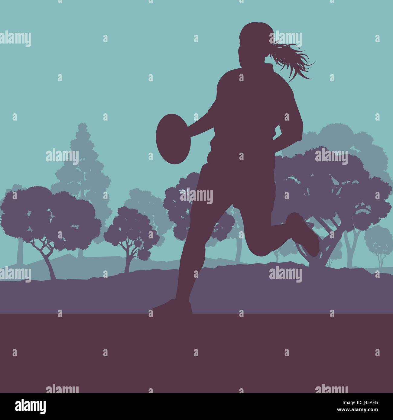 Rugby woman player vector background landscape with forest trees and ...
