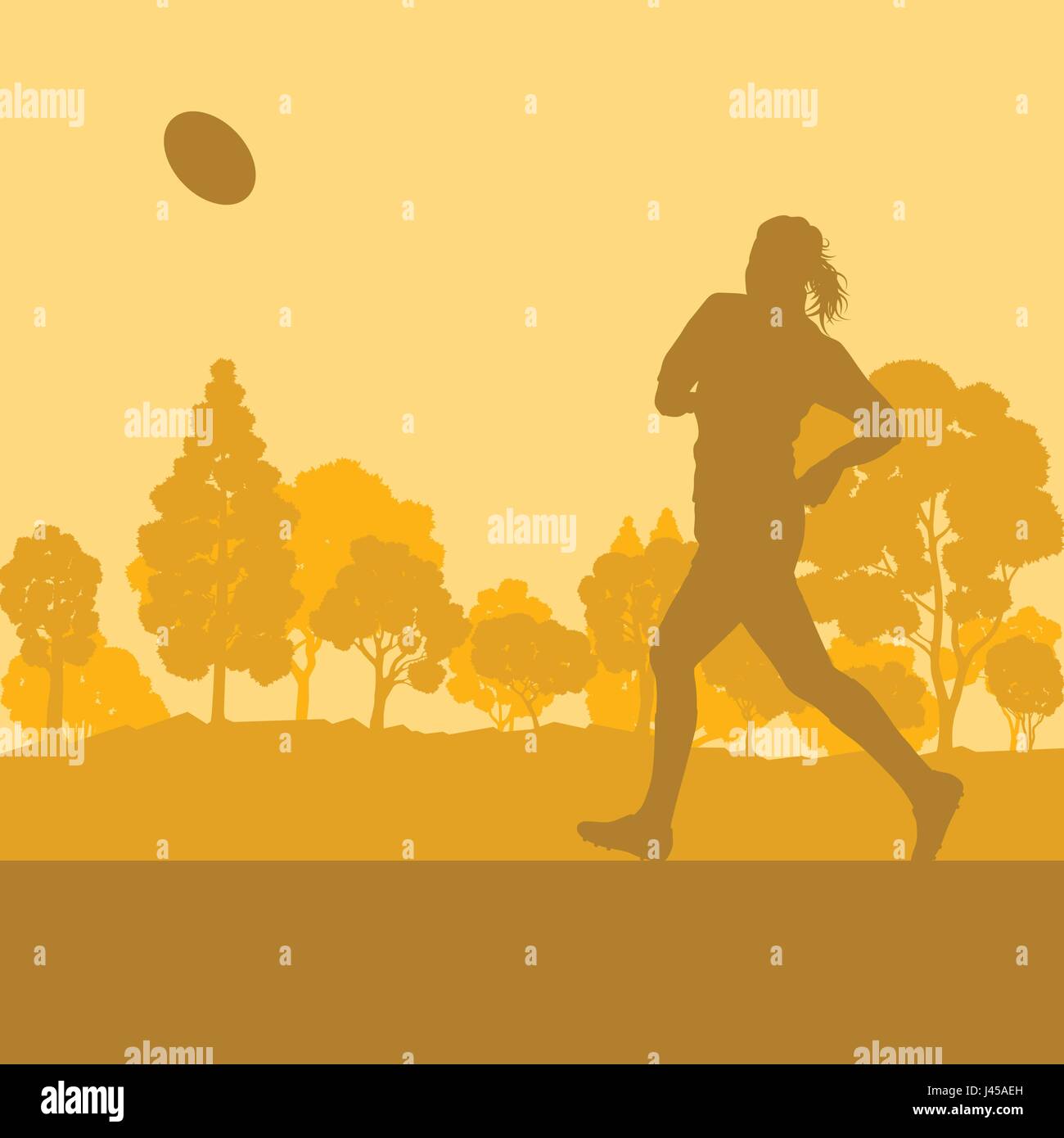 Rugby woman player vector background landscape with forest trees and ...