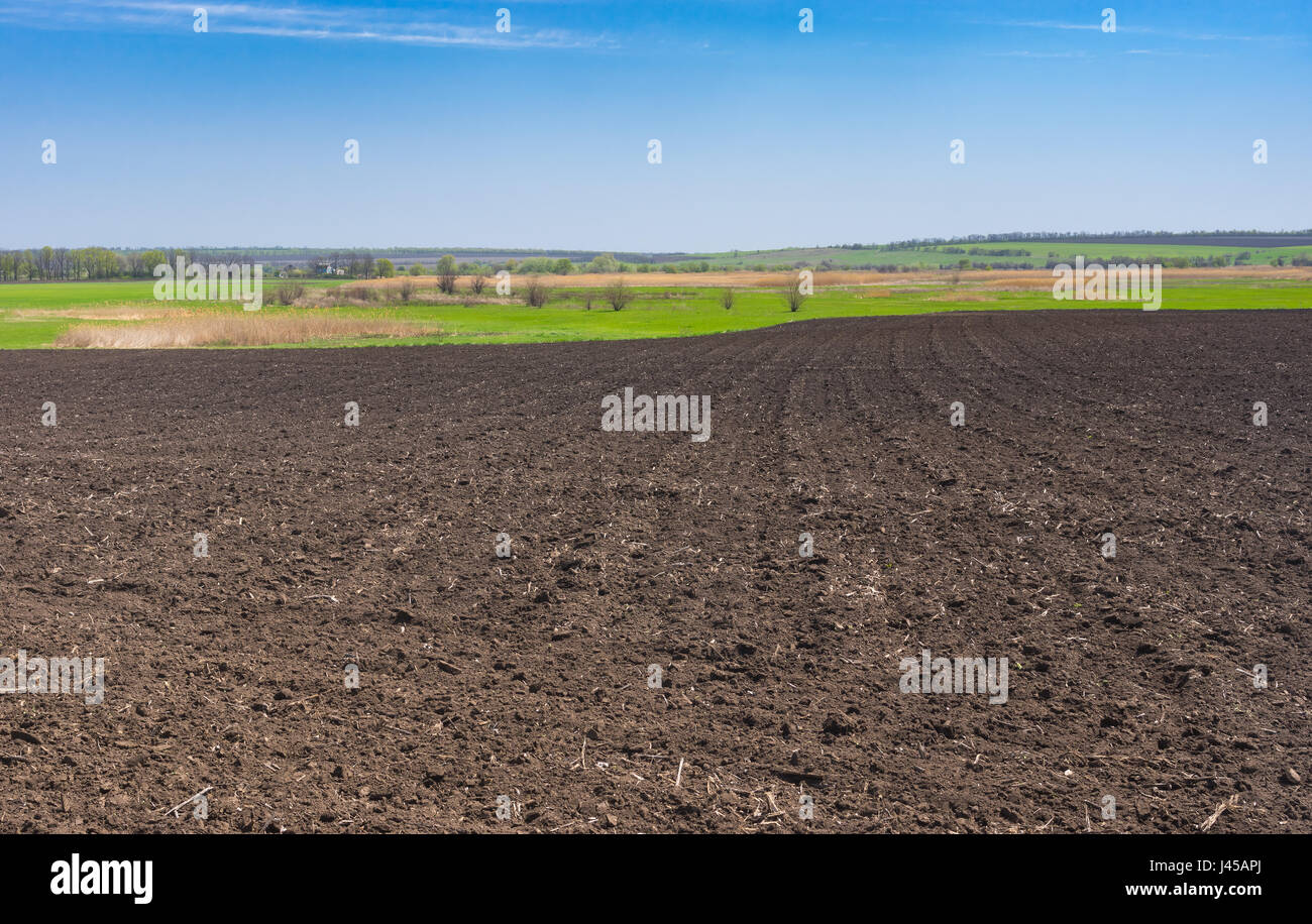 Ukrainian spring agricultural landscape with arable field at the edge ...