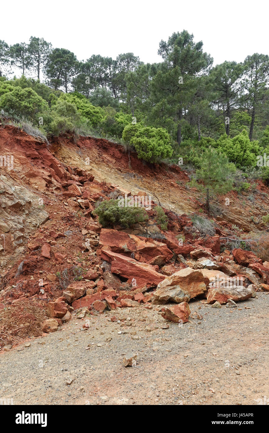 Small landslide on side of steep hill, after heavy rainfall, showing ...