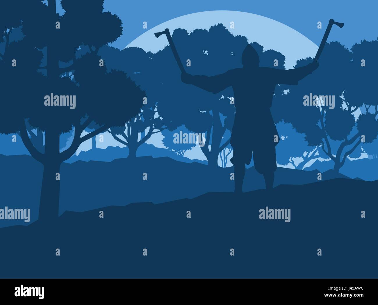 Warrior medieval fighter duel forest trees landscape vector background ...