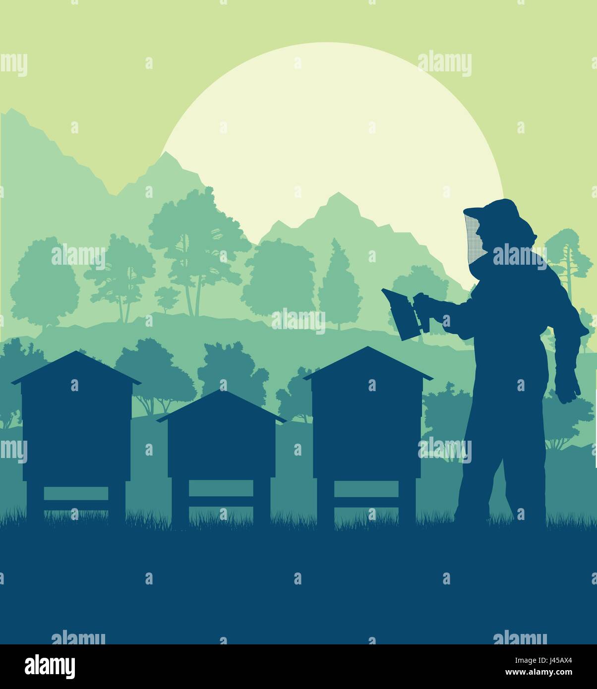 Beekeepers working with bees and hives vector background landscape with ...