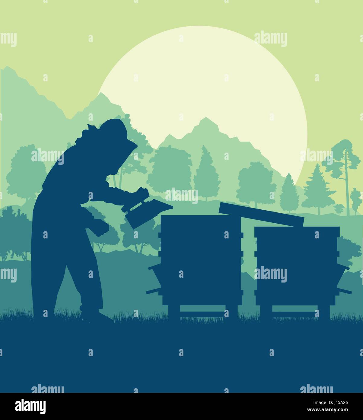 Beekeepers working with bees and hives vector background landscape with ...