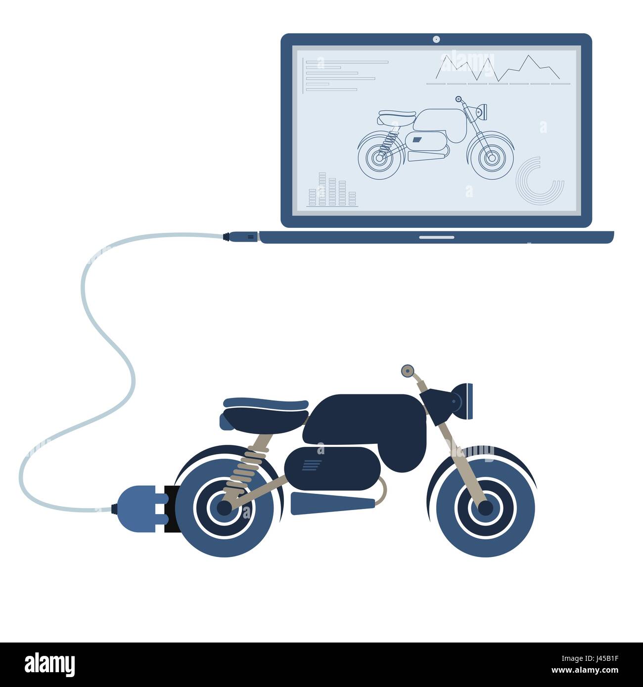 Motorcycle connected to a laptop through a usb cable. Outline of the ...