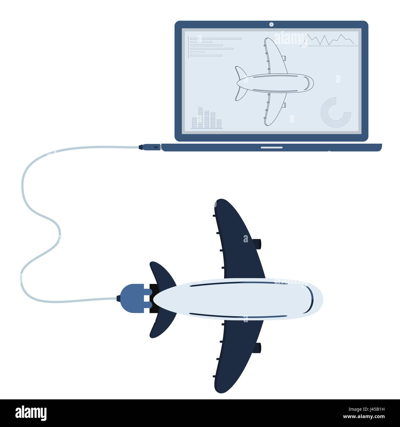 Plane connected to a laptop through a usb cable. Outline of the ...