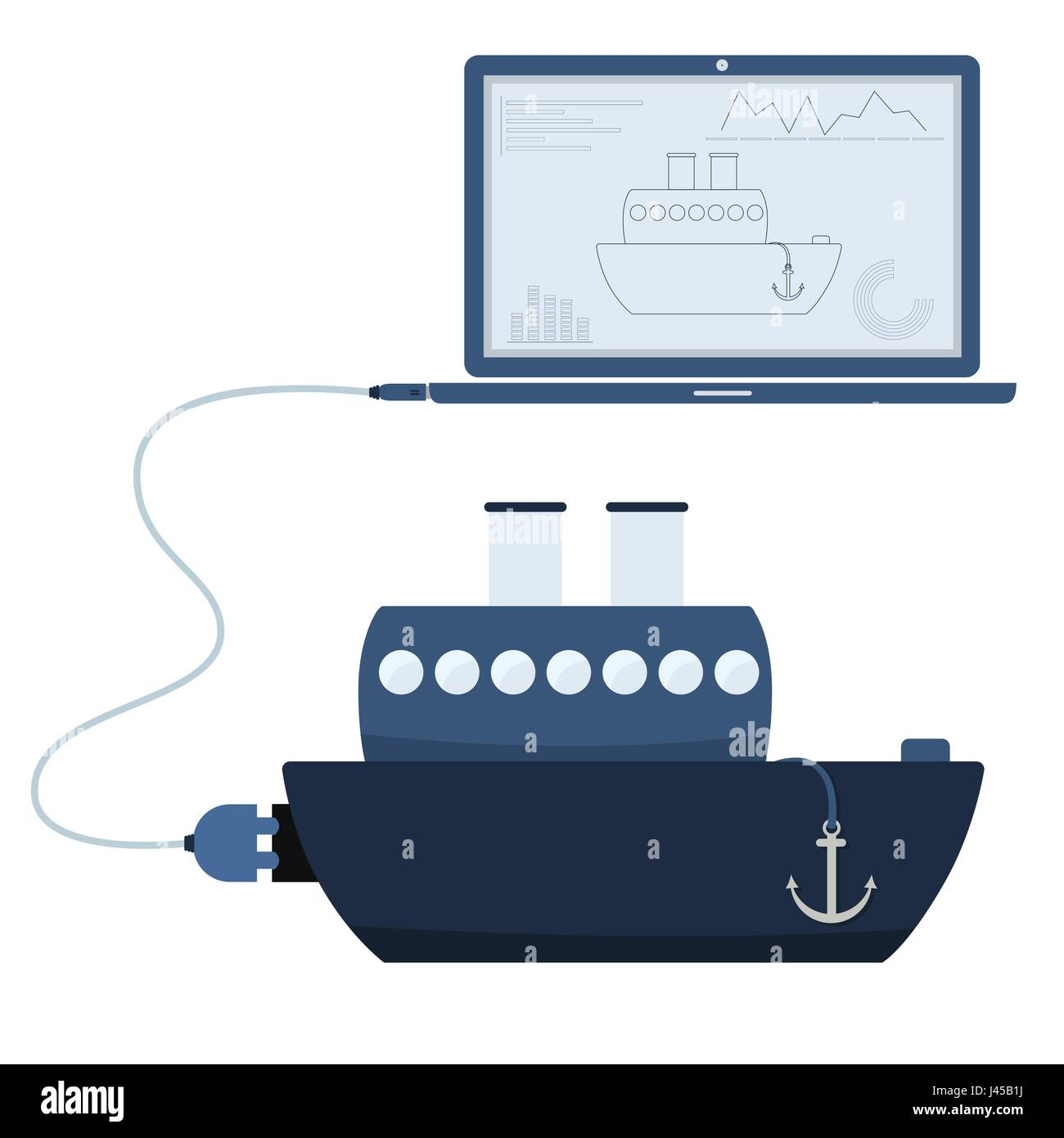 Ship connected to a laptop through a usb cable. Outline of the ship and ...