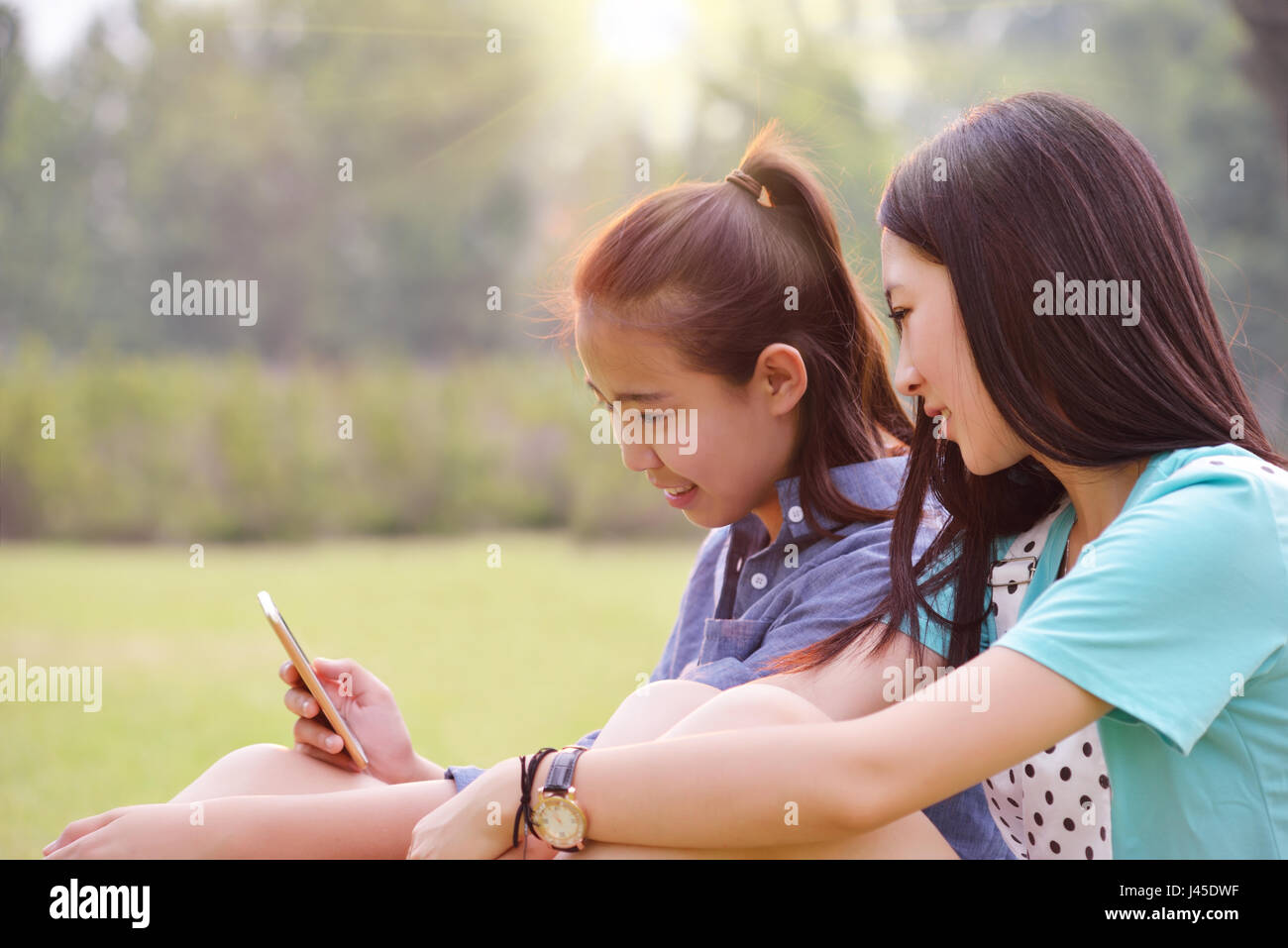 Young women use cell phones. In the Park in the morning sun Stock Photo ...