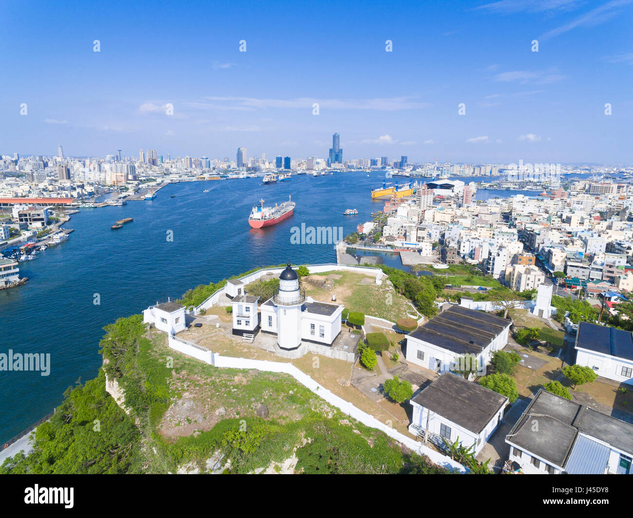Aerial view of the city in Taiwan - Kaohsiung harbor and lighthouse ...