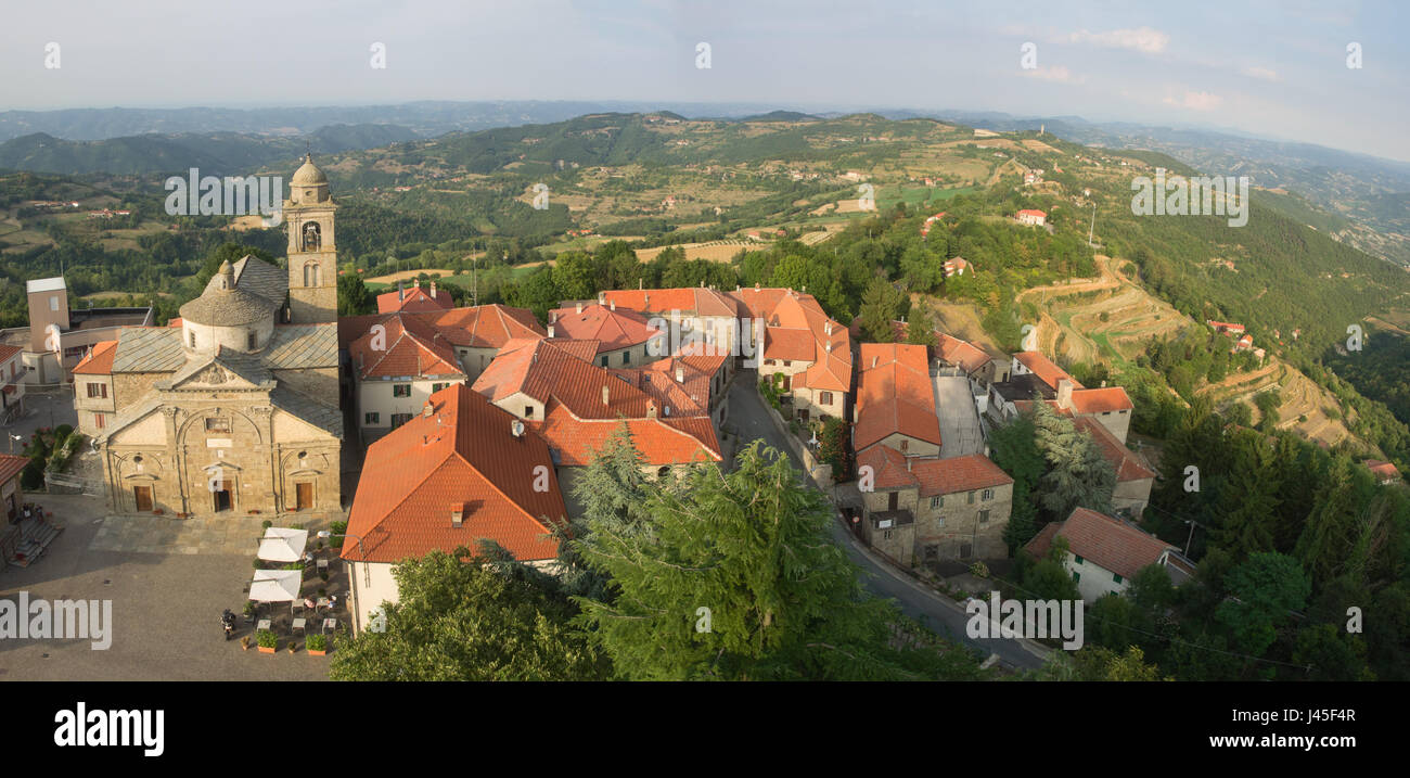 aerial view of Roccaverano and Langhe country landscape in background ...