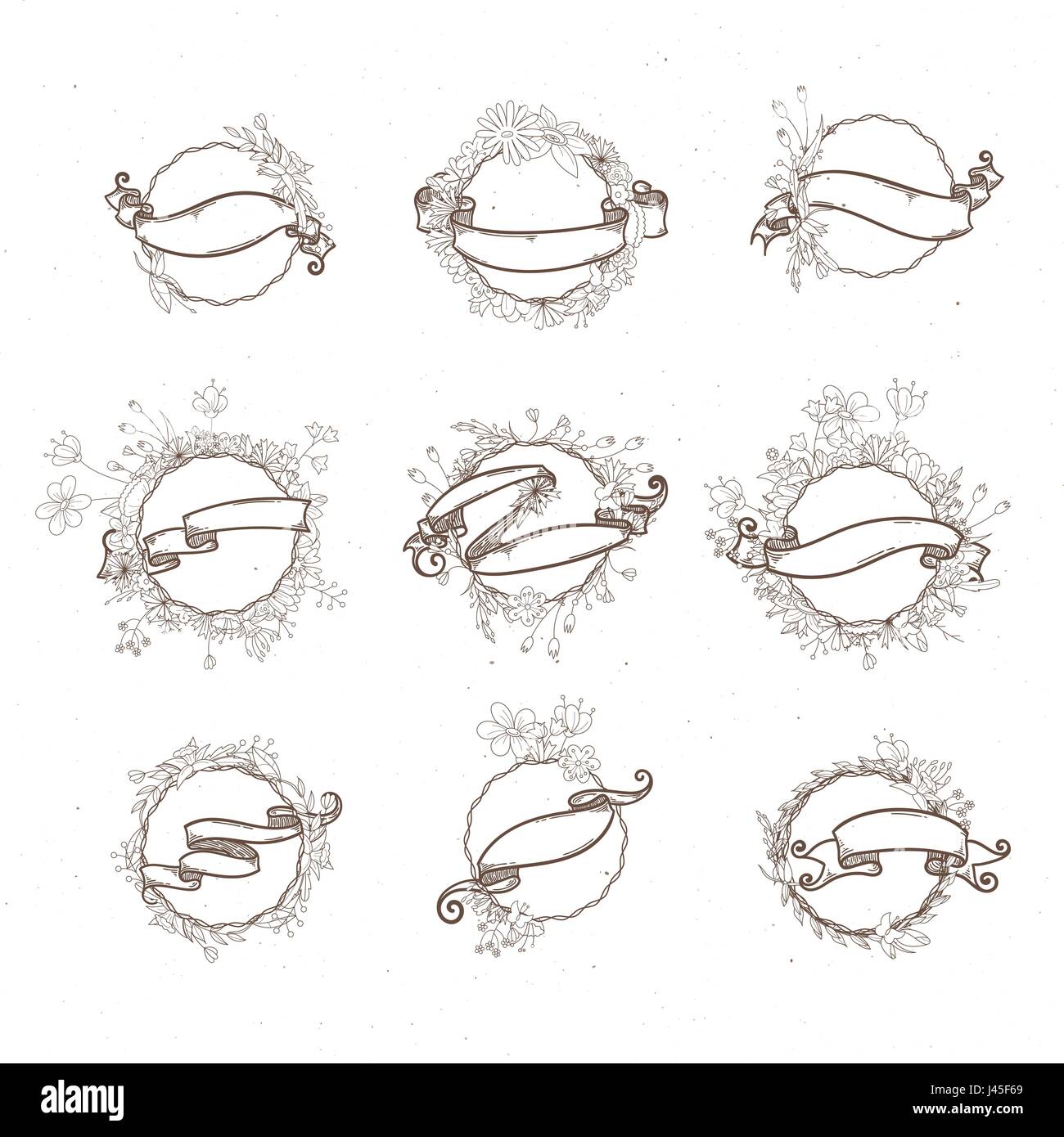 Rustic hand drawn flower elements and ribbons set. Vector floral ...