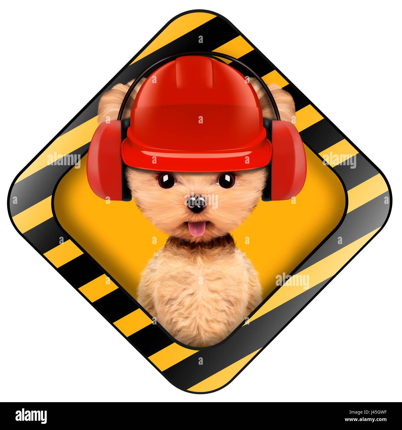 Funny puppy with tools holding construction warning sign Stock Photo ...