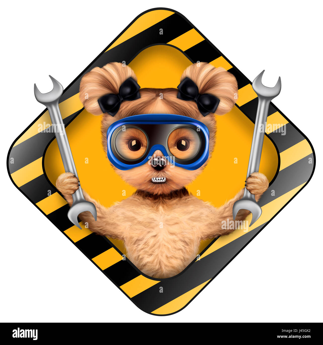 Funny puppy with tools holding construction warning sign Stock Photo ...